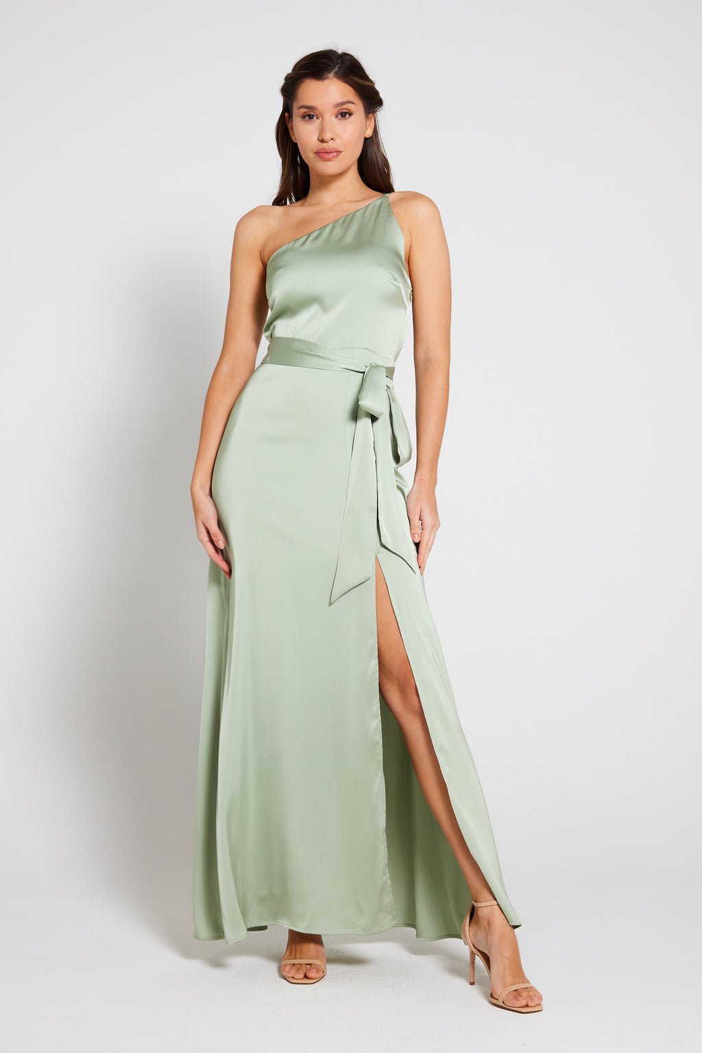 Aria One Shoulder Maxi Dress In Sage Green Luxe Collection Liena Uk
