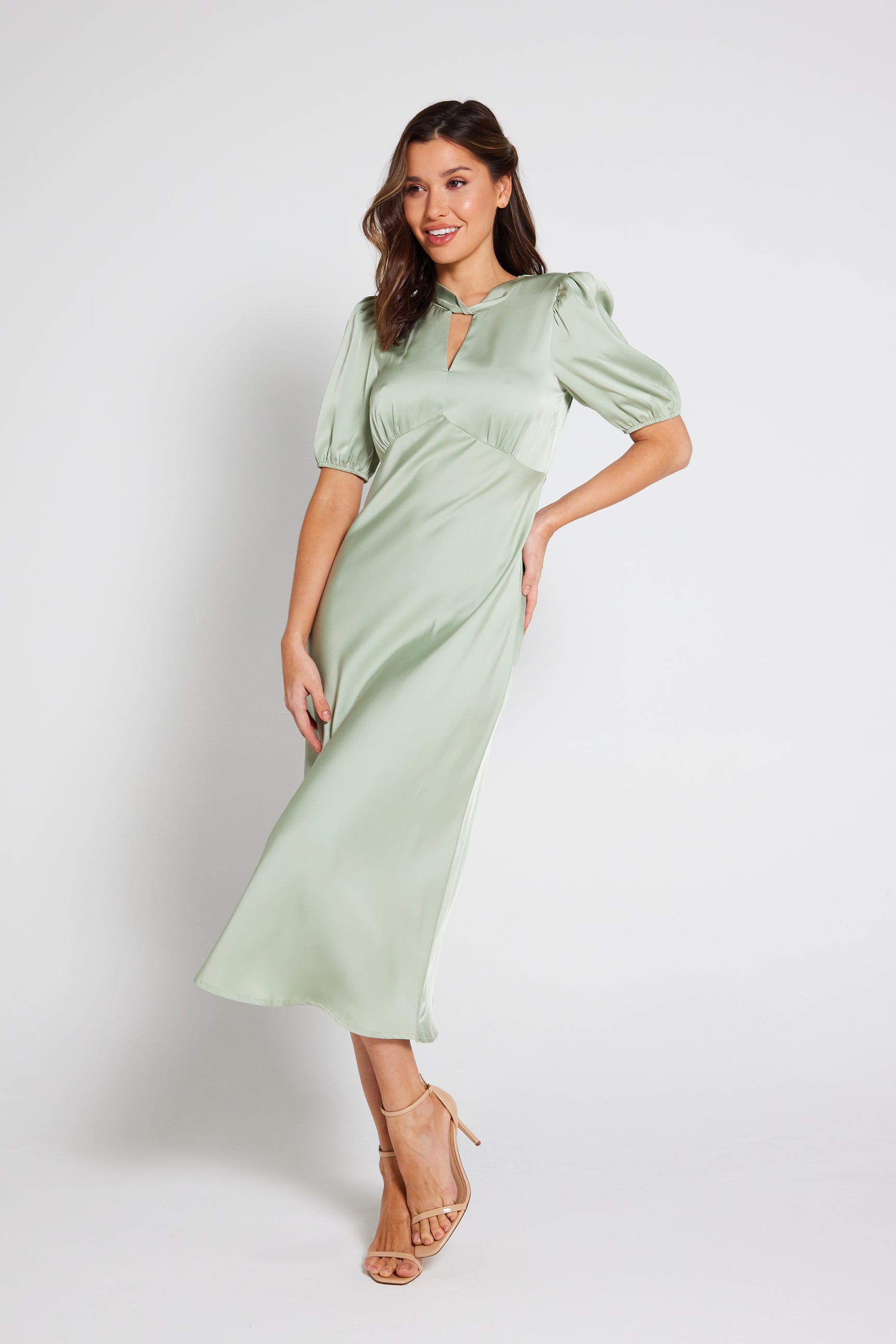 Celia Twist Neck Satin Slip Dress In Sage Green Luxe Collection