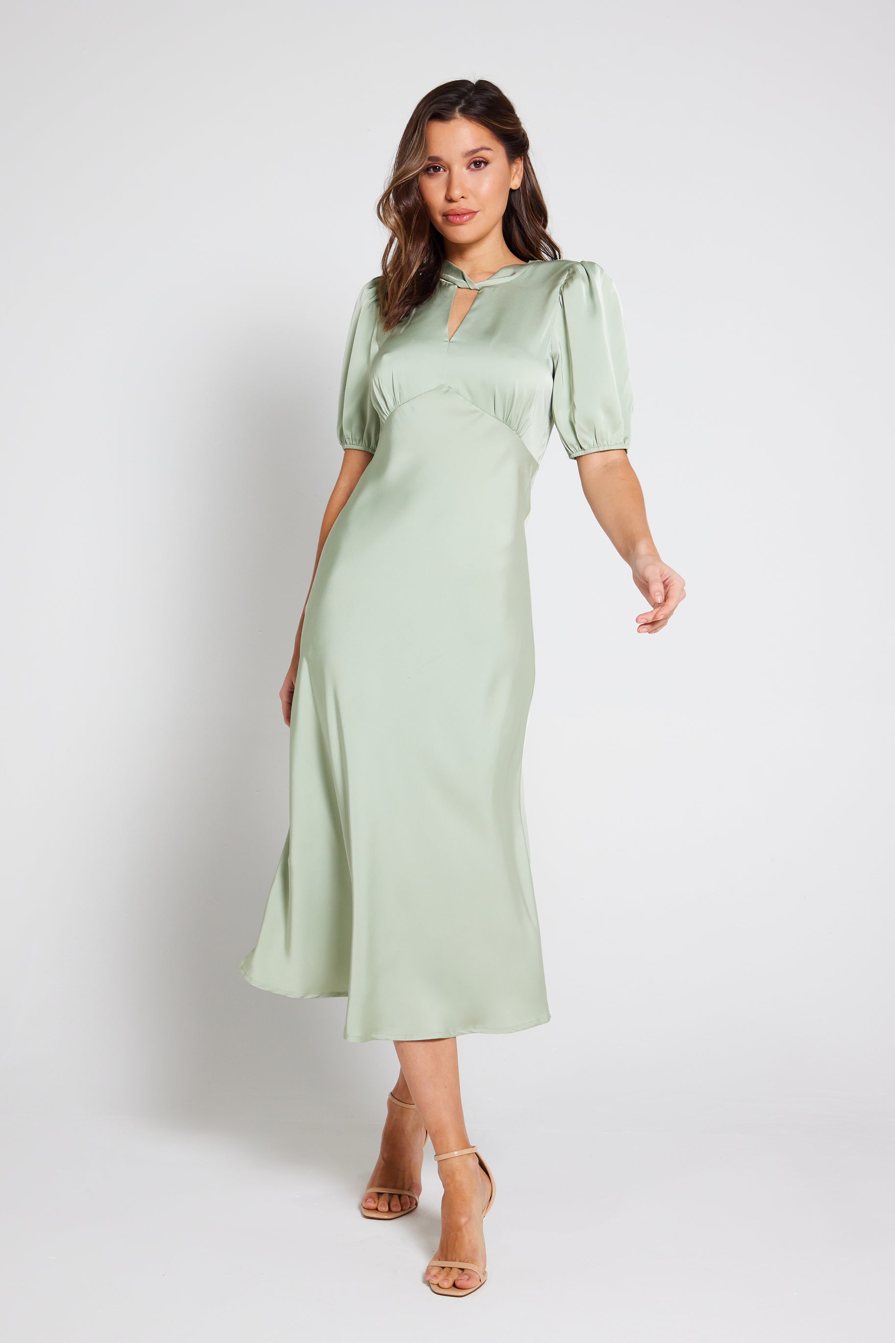 Celia Twist Neck Satin Slip Dress In Sage Green Luxe Collection