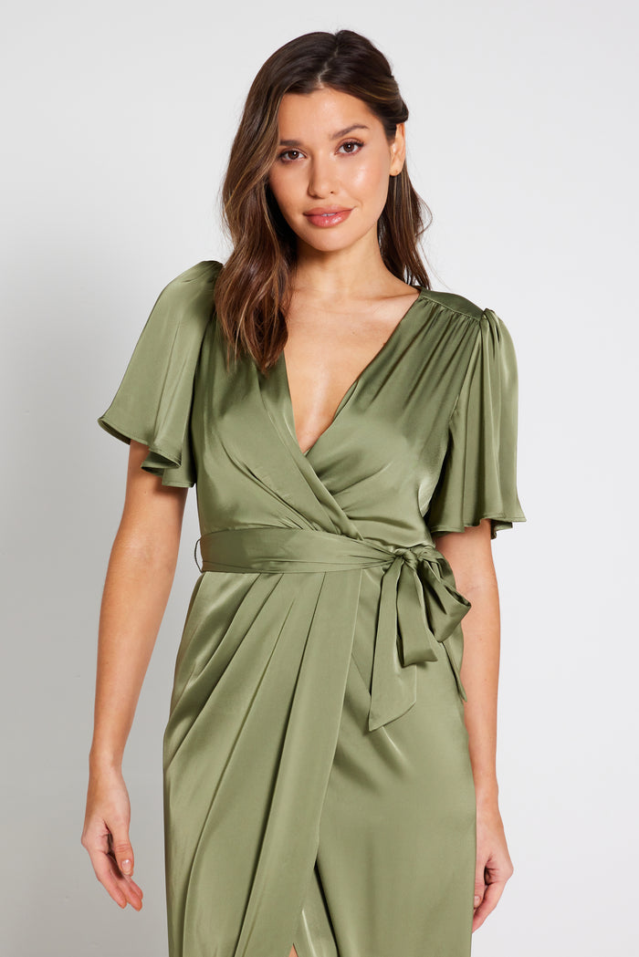 Elena Short Sleeve Wrap Dress in Olive | Luxe Collection | Liena UK