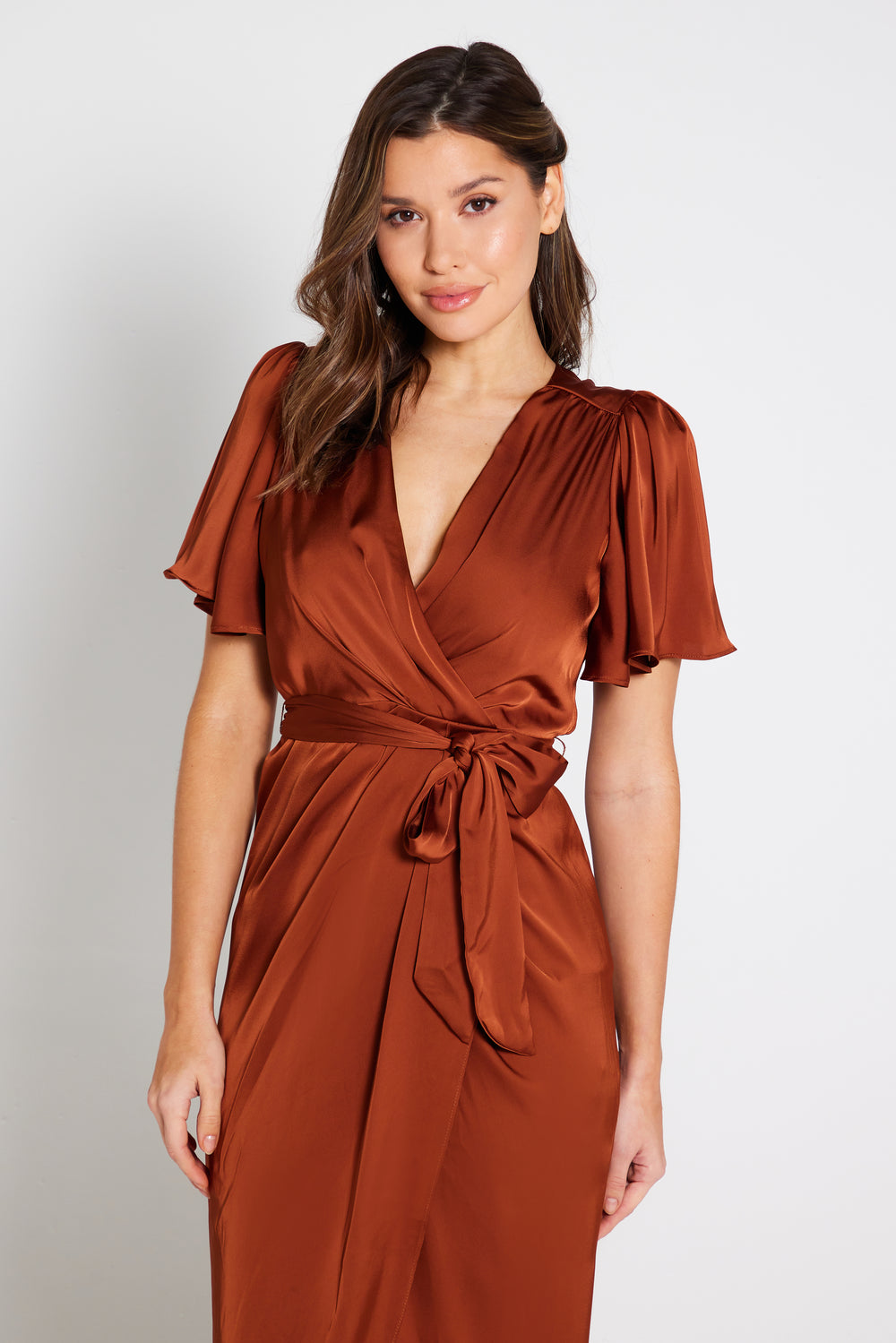 Elena Short Sleeve Wrap Dress in Rust | Luxe Collection | Liena UK