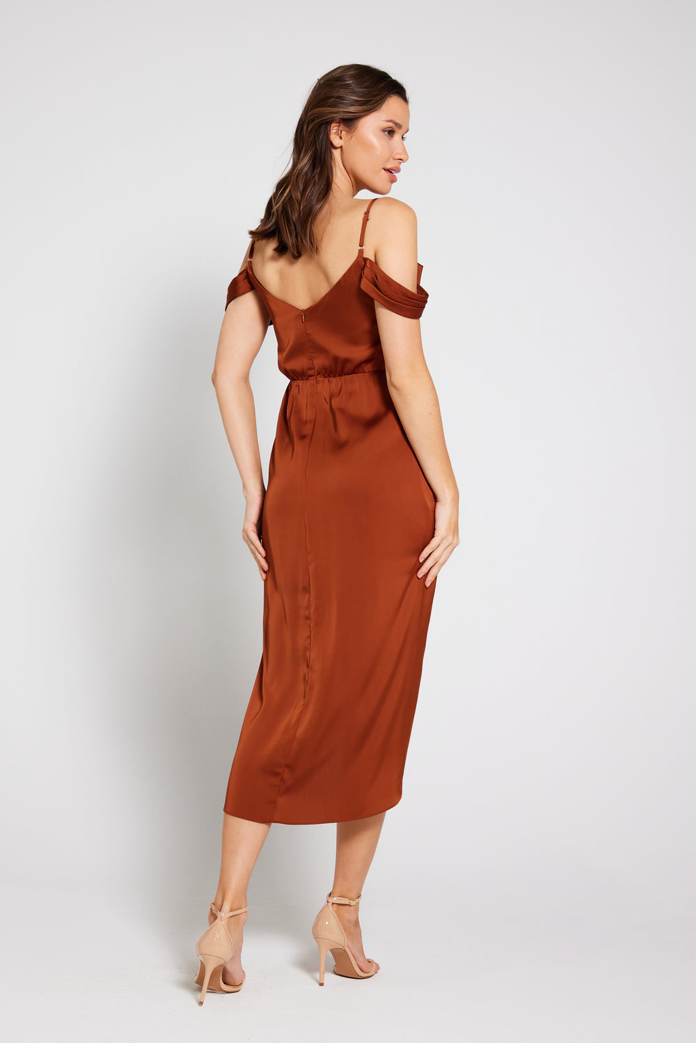 Isabella Bardot Satin Wrap Dress in Rust | Luxe Collection | Liena UK