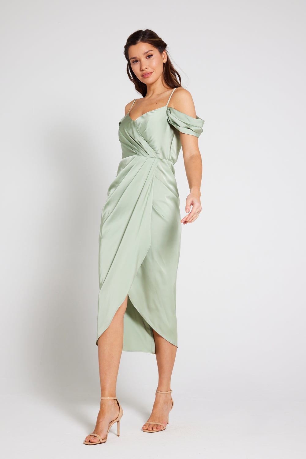 Isabella Bardot Satin Wrap Dress In Sage Green Luxe Collection Liena Uk