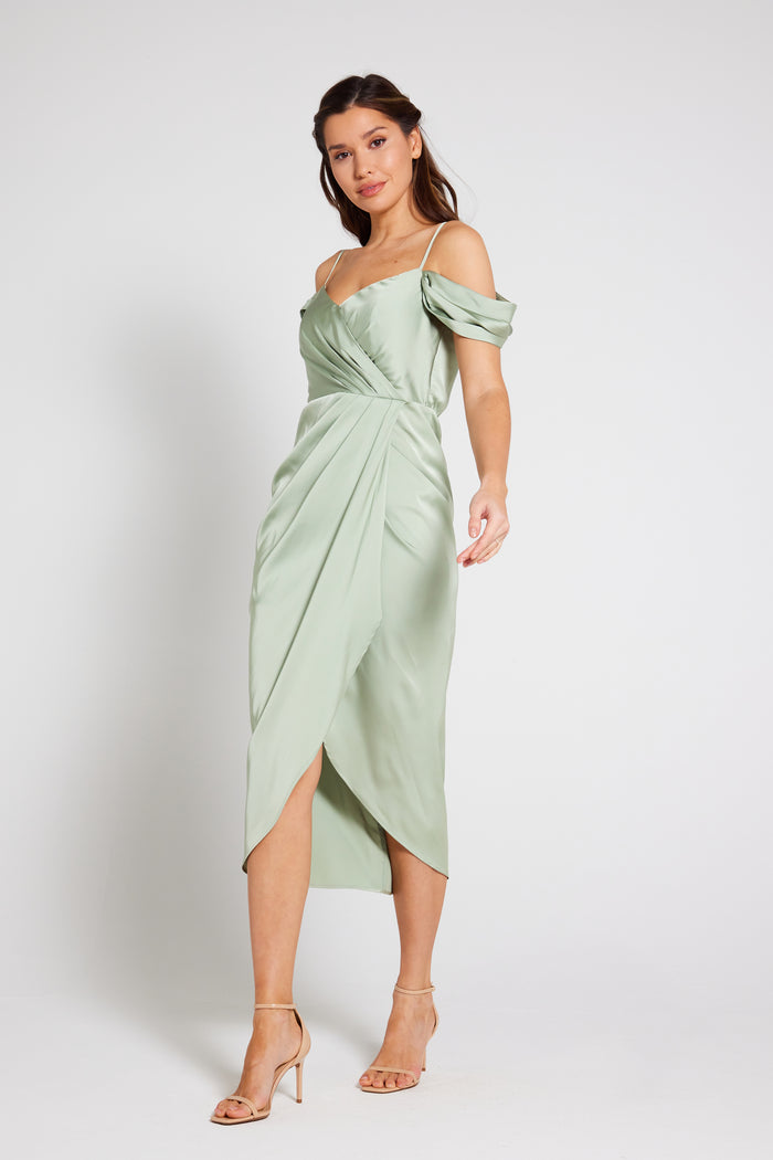 Isabella Bardot Satin Wrap Dress in Sage Green | Luxe Collection | Liena UK