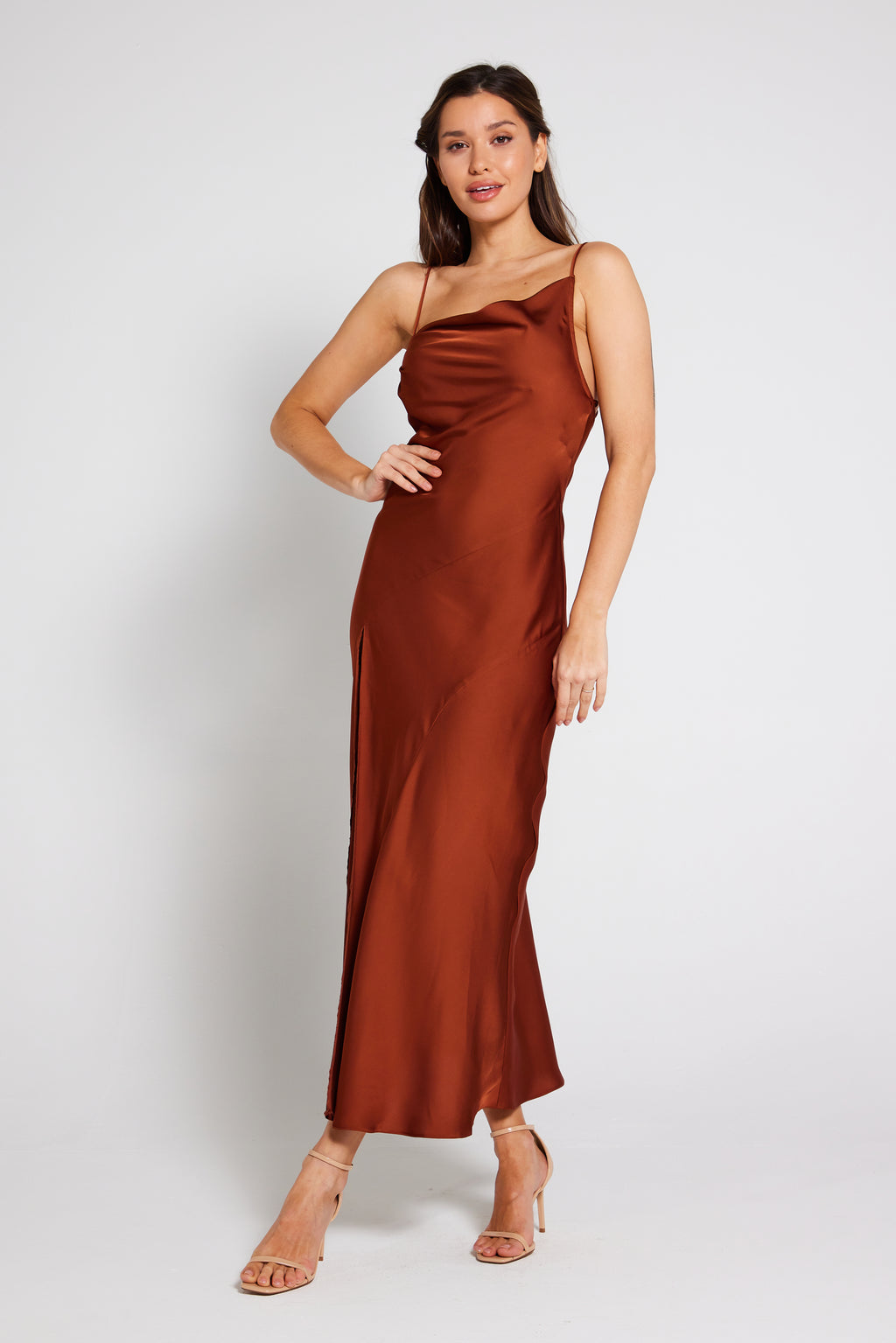 Rust Satin Slip Dress With Cowl Neck | Bridesmaid & Occasion Dresses ...