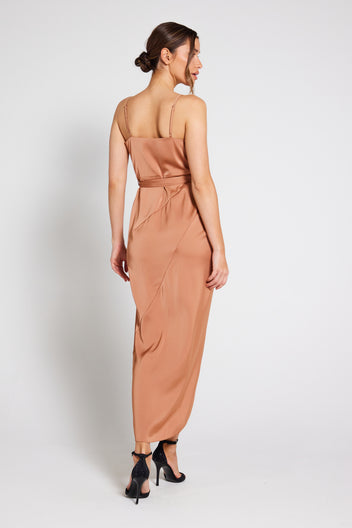Almond Satin Tie Waist Cami Wrap Dress | Luxe Collection | Liena UK