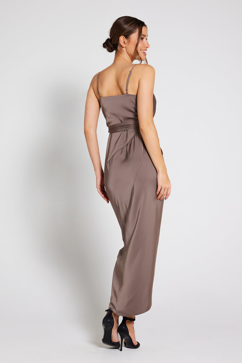 Taupe Satin Tie Waist Cami Wrap Dress | Luxe Collection | Liena UK