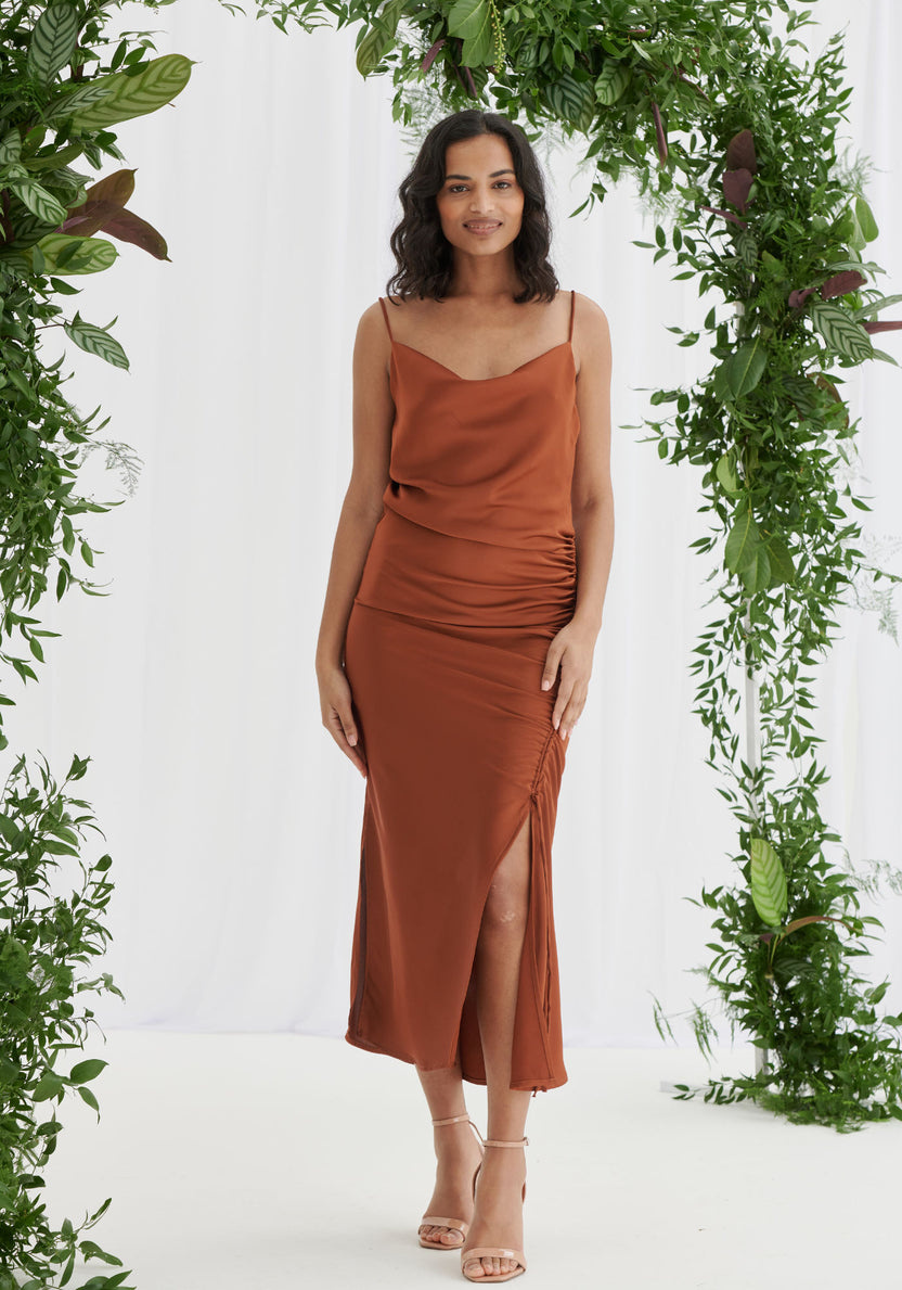 Estelle Ruched Satin Slip Dress in Rust | Luxe Collection | Liena UK