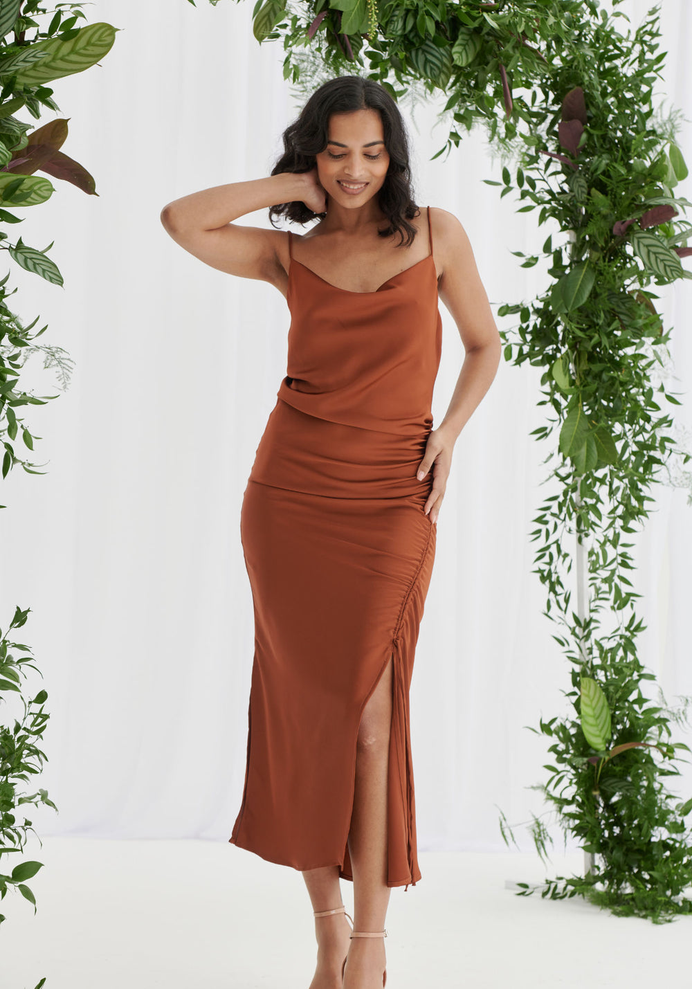 Estelle Ruched Satin Slip Dress in Rust | Luxe Collection | Liena UK
