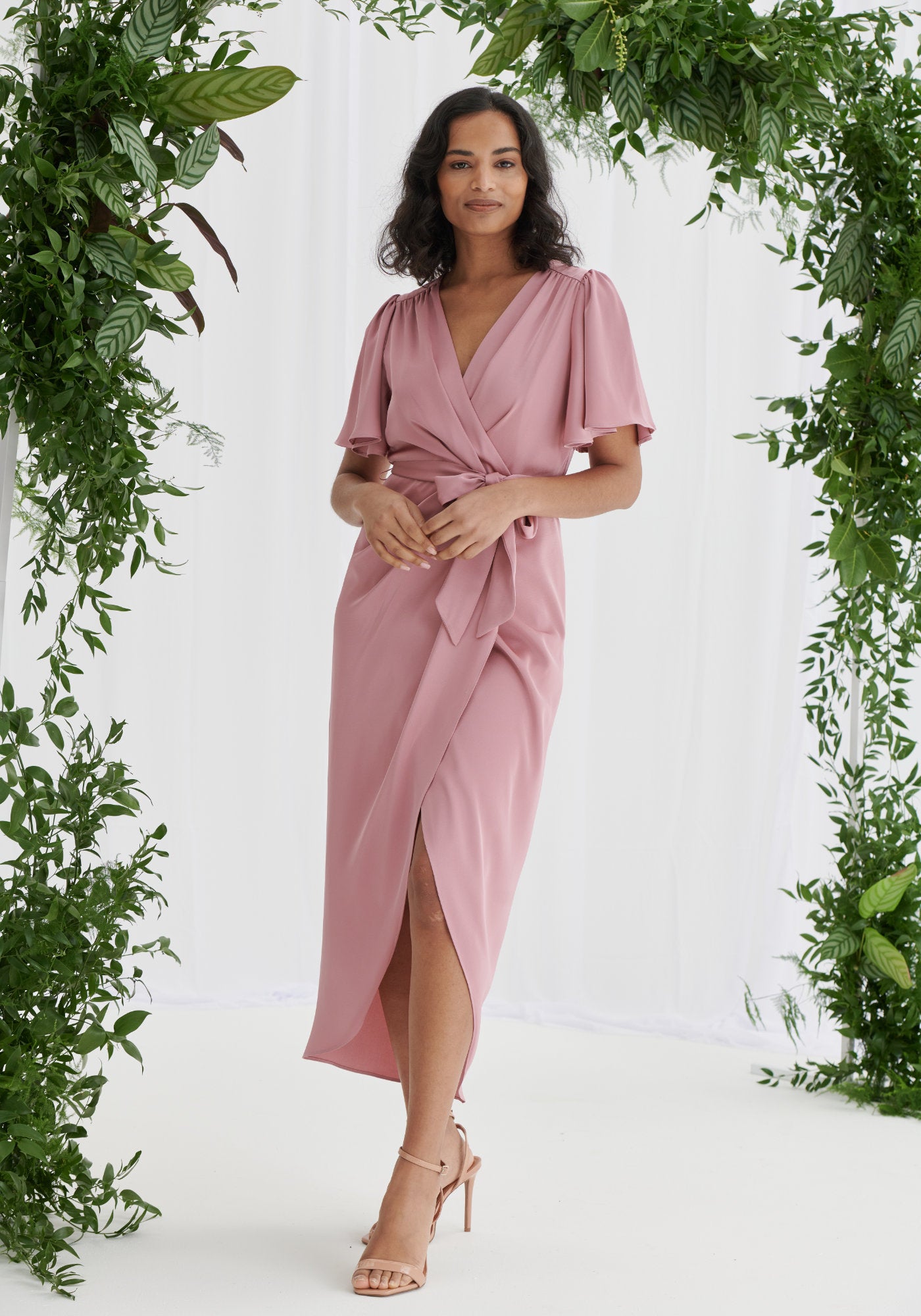 Elena Short Sleeve Wrap Dress in Pink | Luxe Collection | Liena UK