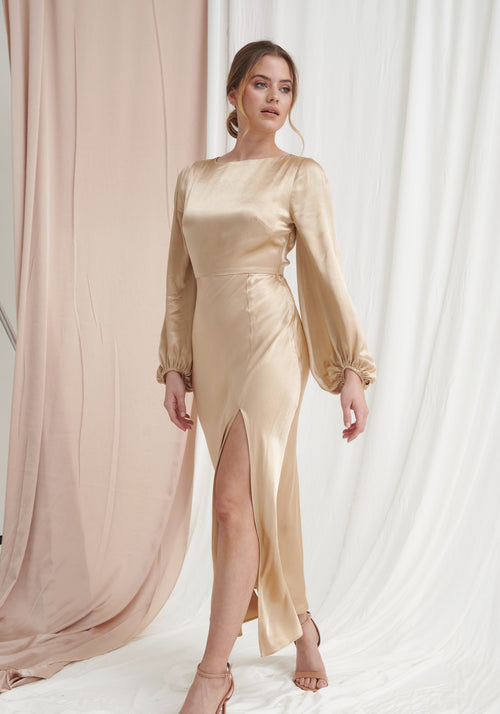 Sara Long Sleeve Split Satin Dress in Champagne | Luxe Collection ...