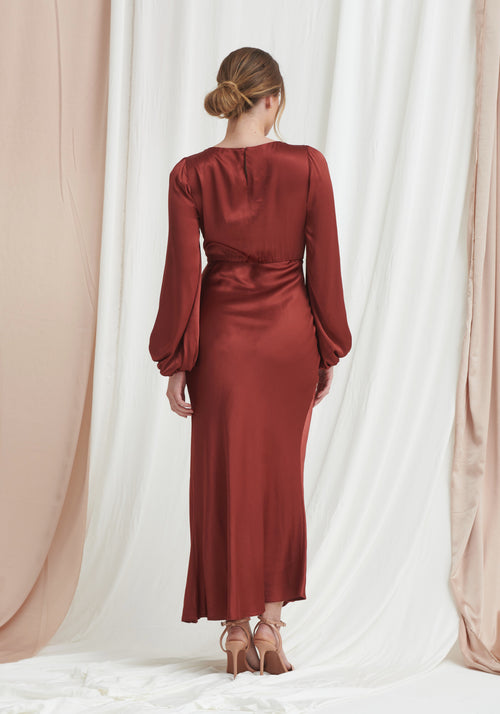 Sara Long Sleeve Split Satin Dress in Rust | Luxe Collection Dresses ...