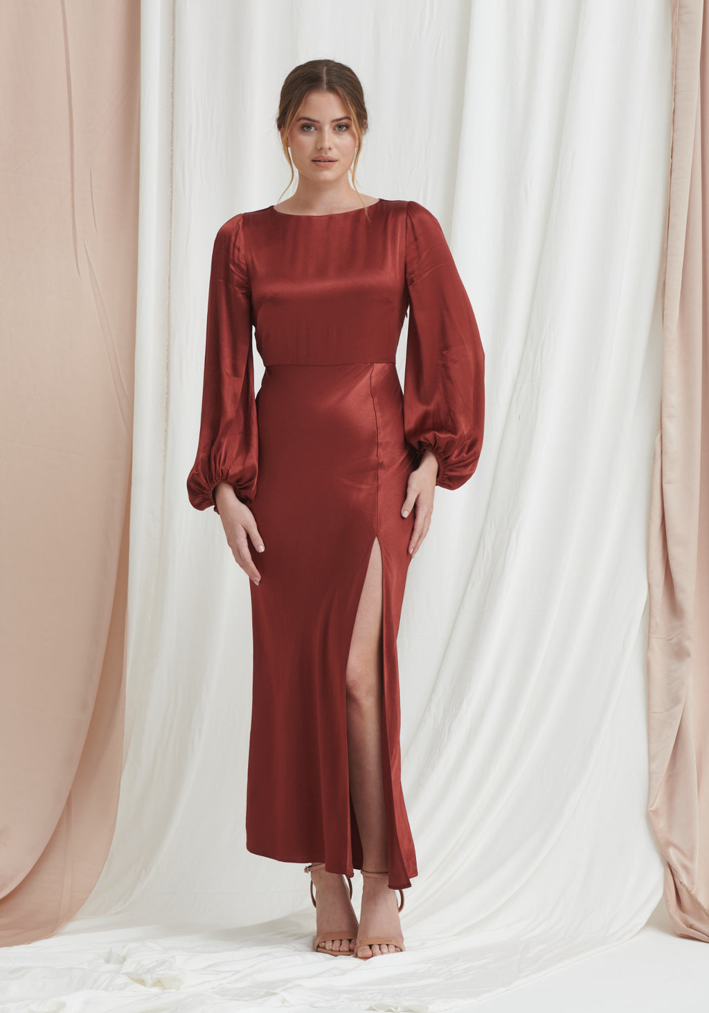 Sara Long Sleeve Split Satin Dress in Rust | Luxe Collection Dresses ...